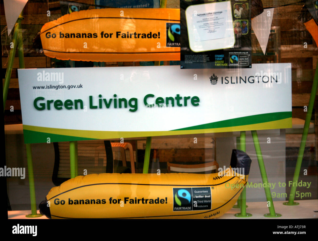 Fairtrade promotion in London council office window Stock Photo - Alamy