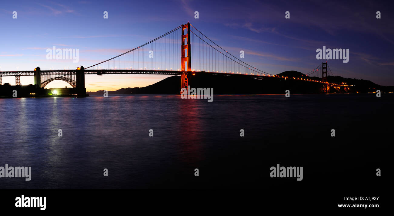 High resolution stitched image of glowing Golden Gate bridge and Fort ...