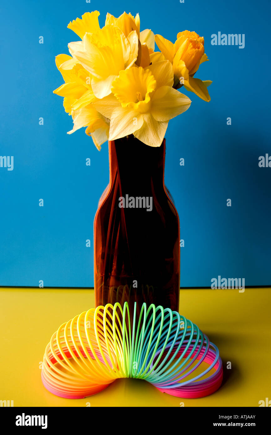 arty, creative and contemporary spring composition with daffodils and ...