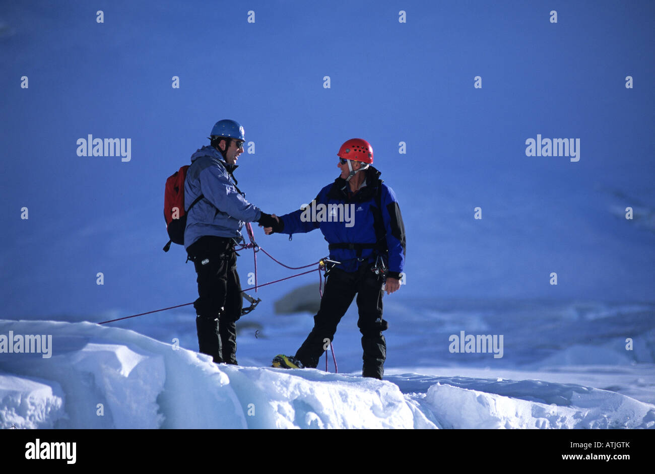 Russell Brice - mountain guide congratulating client on climb Stock ...