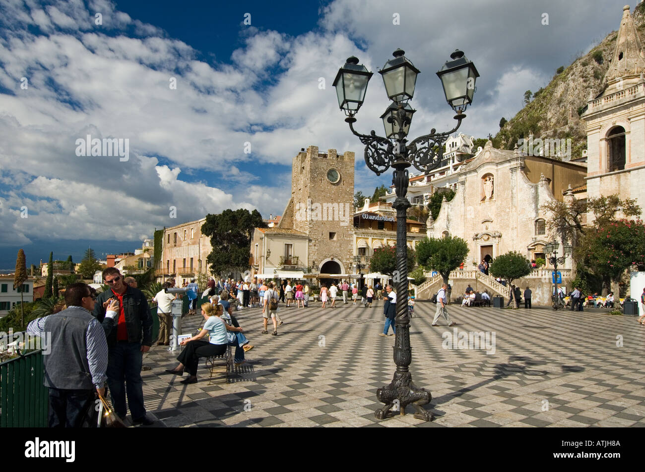 The Piazza 9 Aprile in the centre of the resort of Taormina, Sicily, is ...