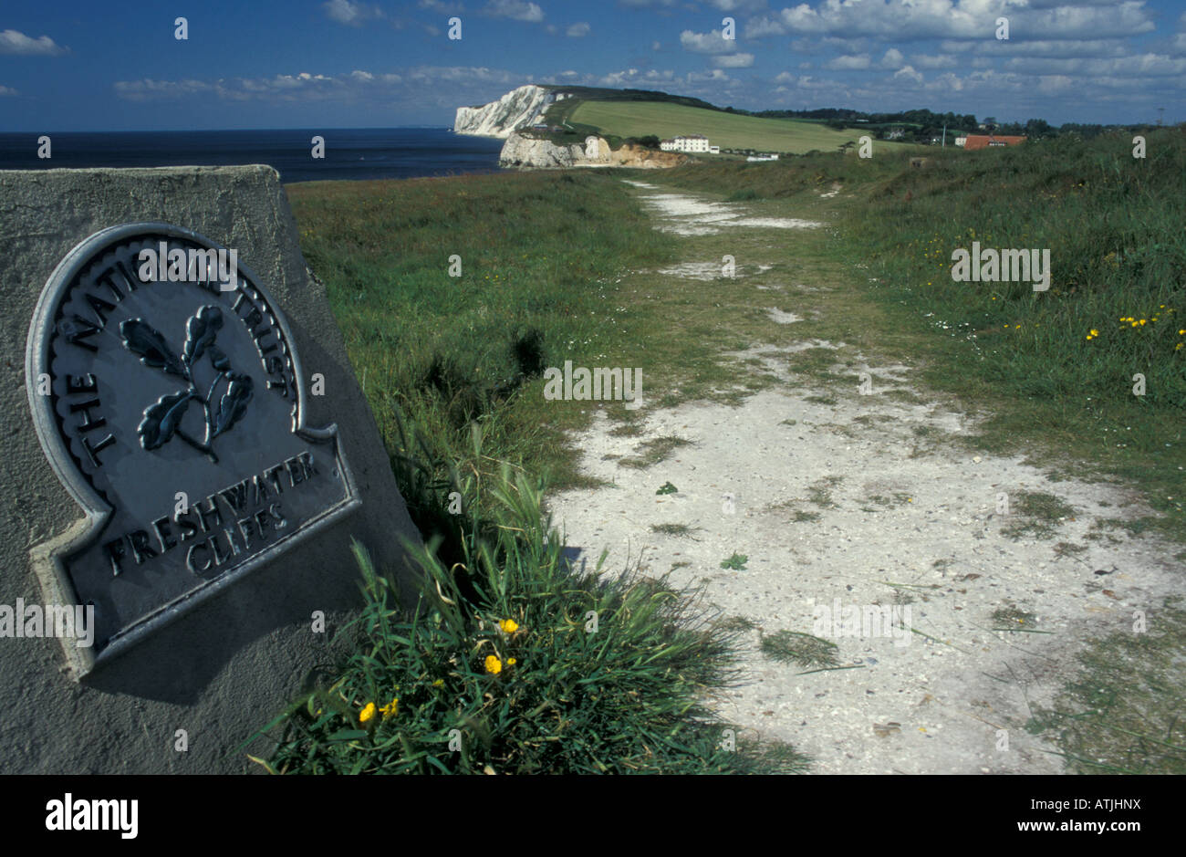 Freshwater Bay Cliffs coastal path National Trust sign Isle of Wight ...