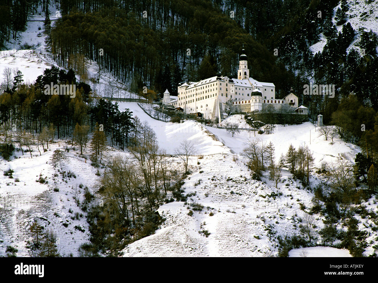 View abbey of Monte Maria in winter,near Malles in Venosta valley Stock ...