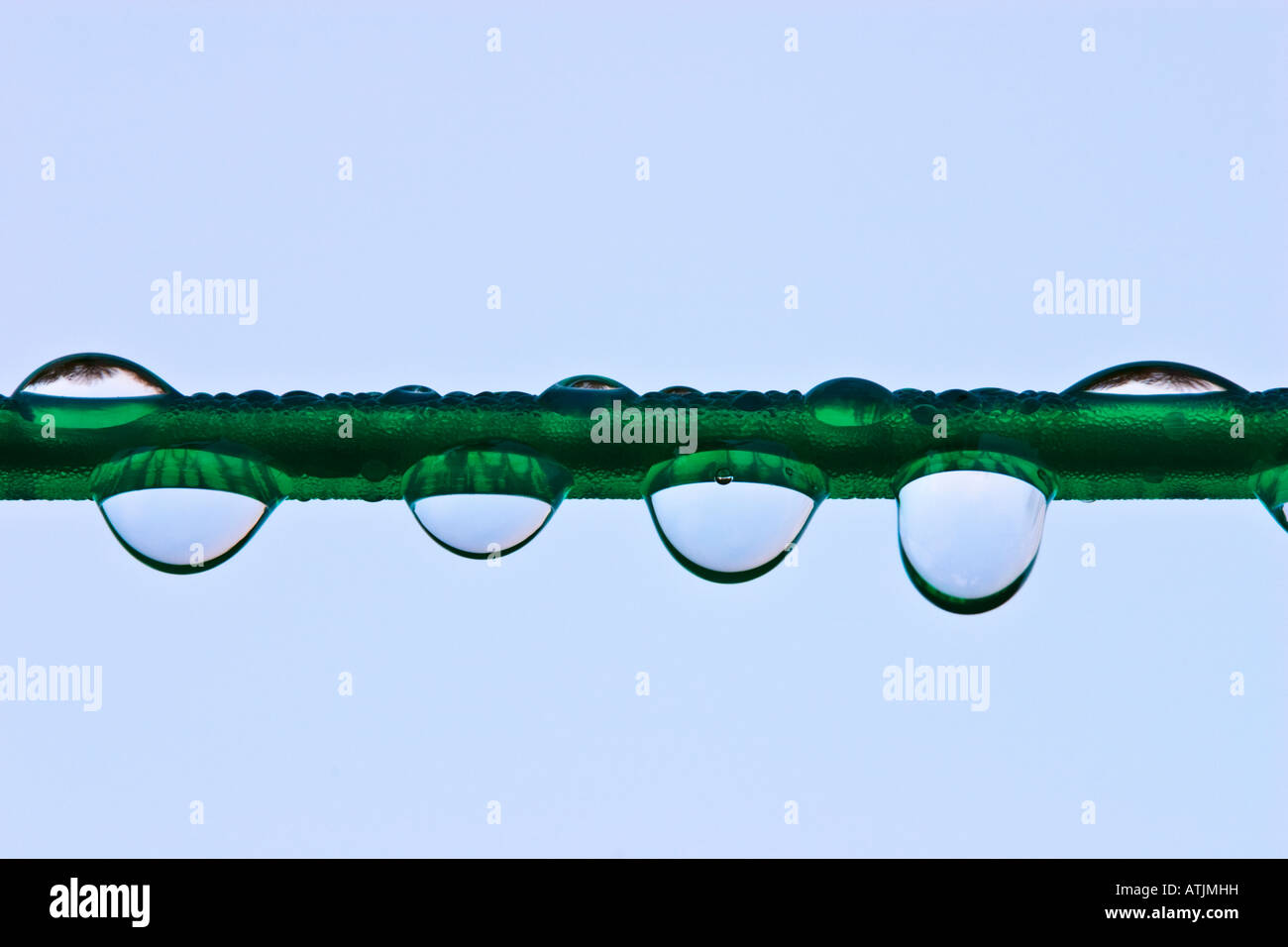 Line of water drips on plastic washing line Stock Photo - Alamy