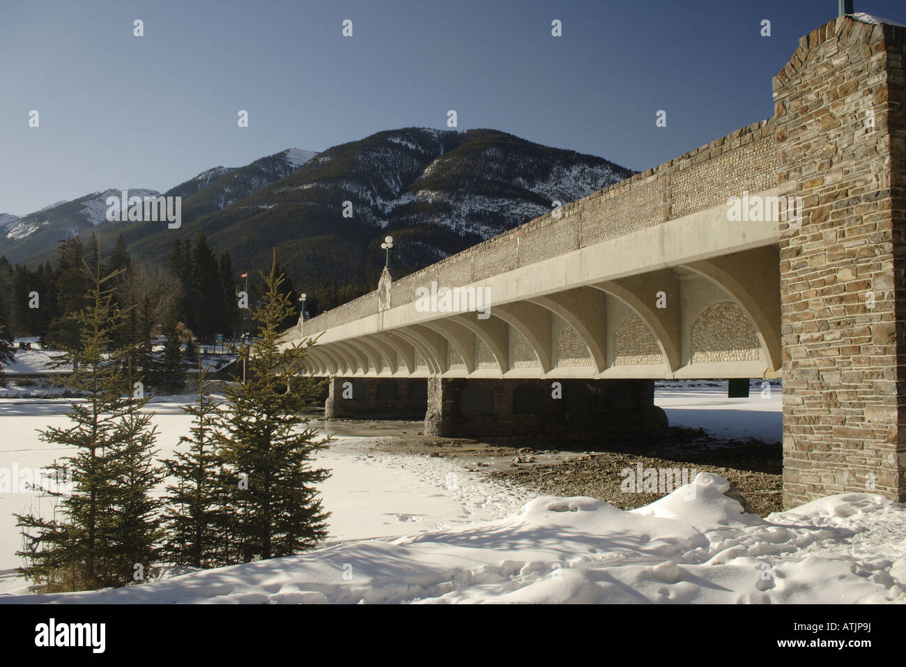 Bridge over Bow river in Banff Village, Alberta Stock Photo - Alamy