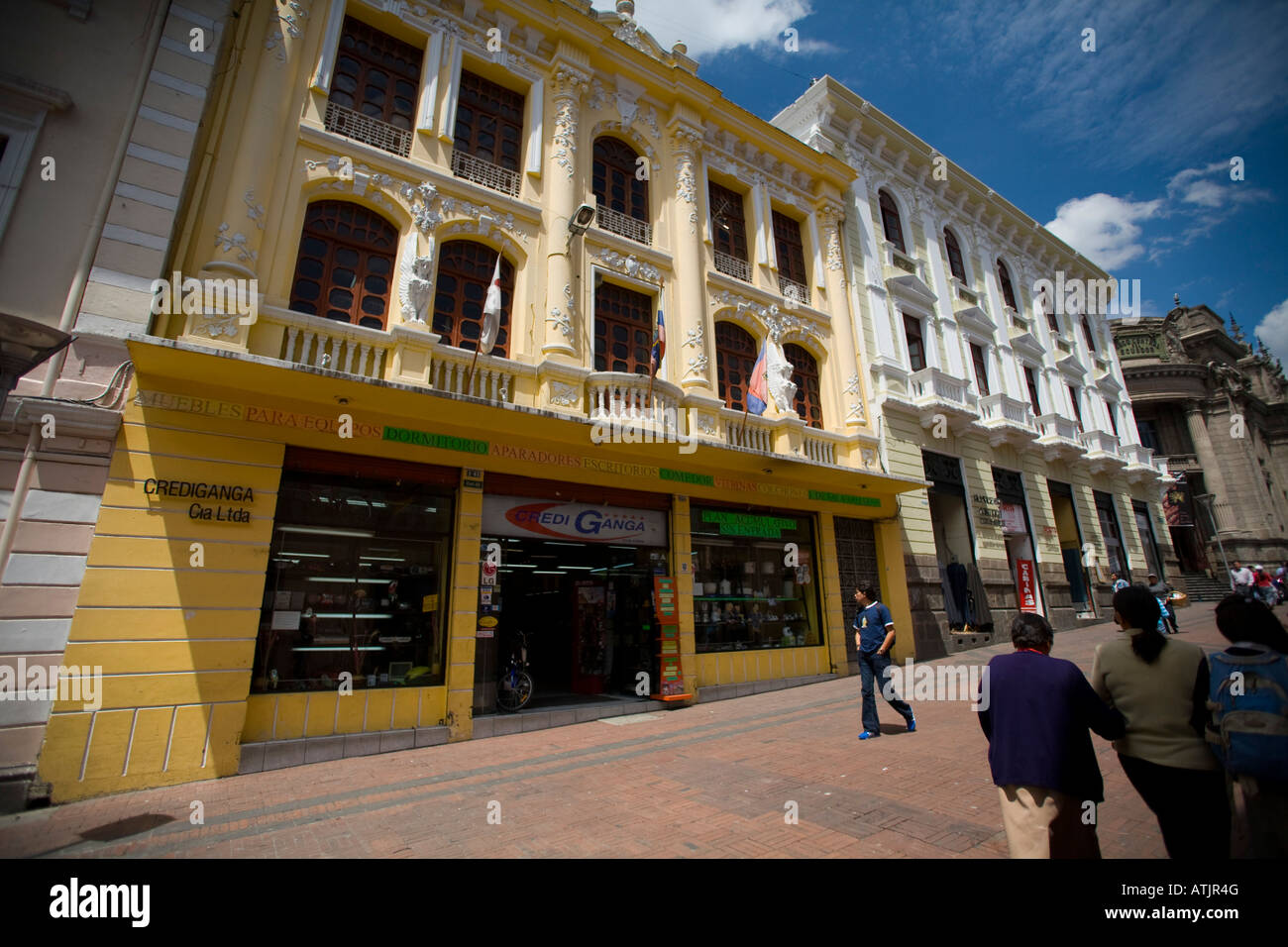Commercial building shop in old colonial style in Quito Ecuador Stock ...