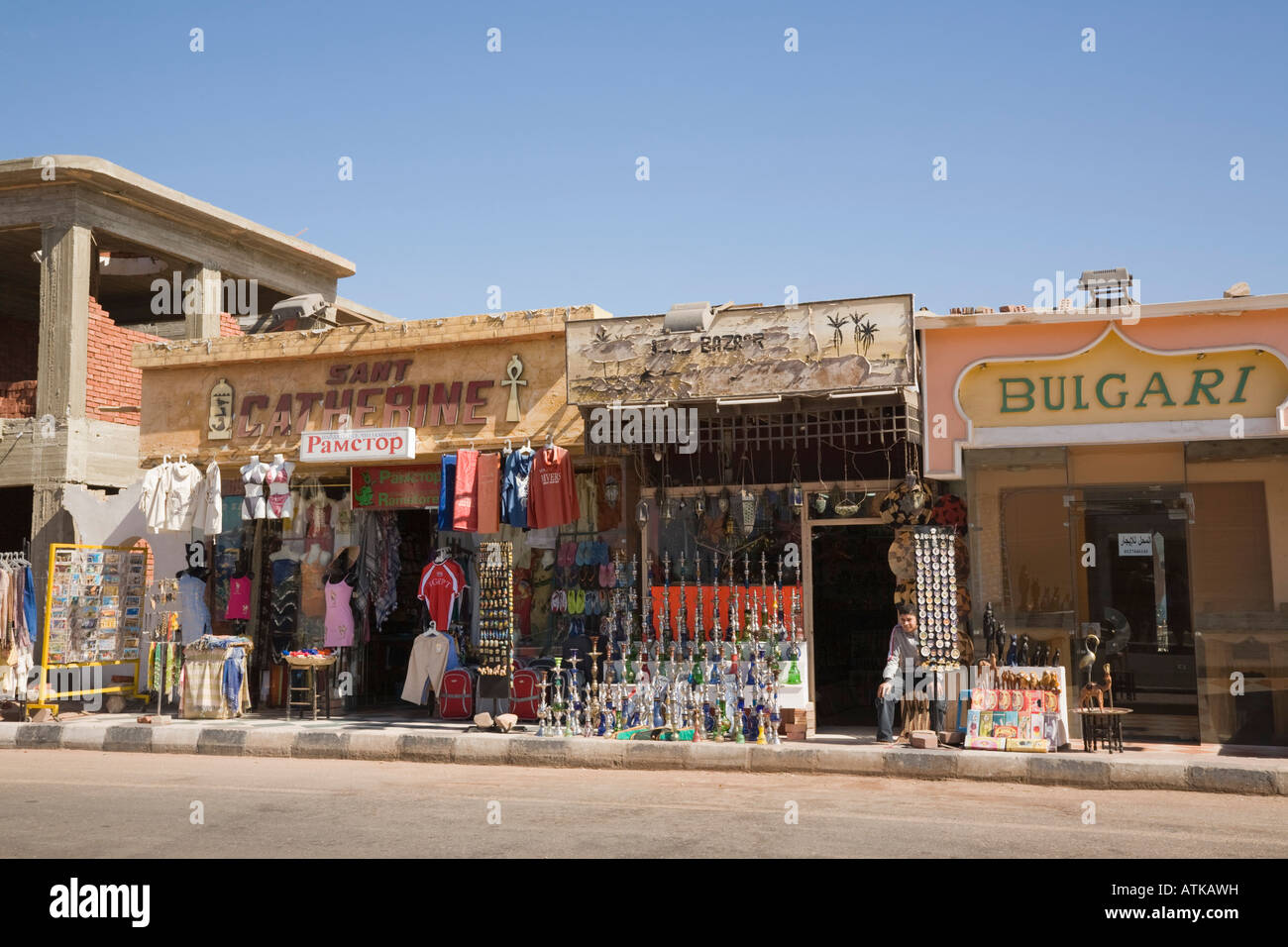 Souvenir and clothing shops in main street in town Dahab Sinai ...