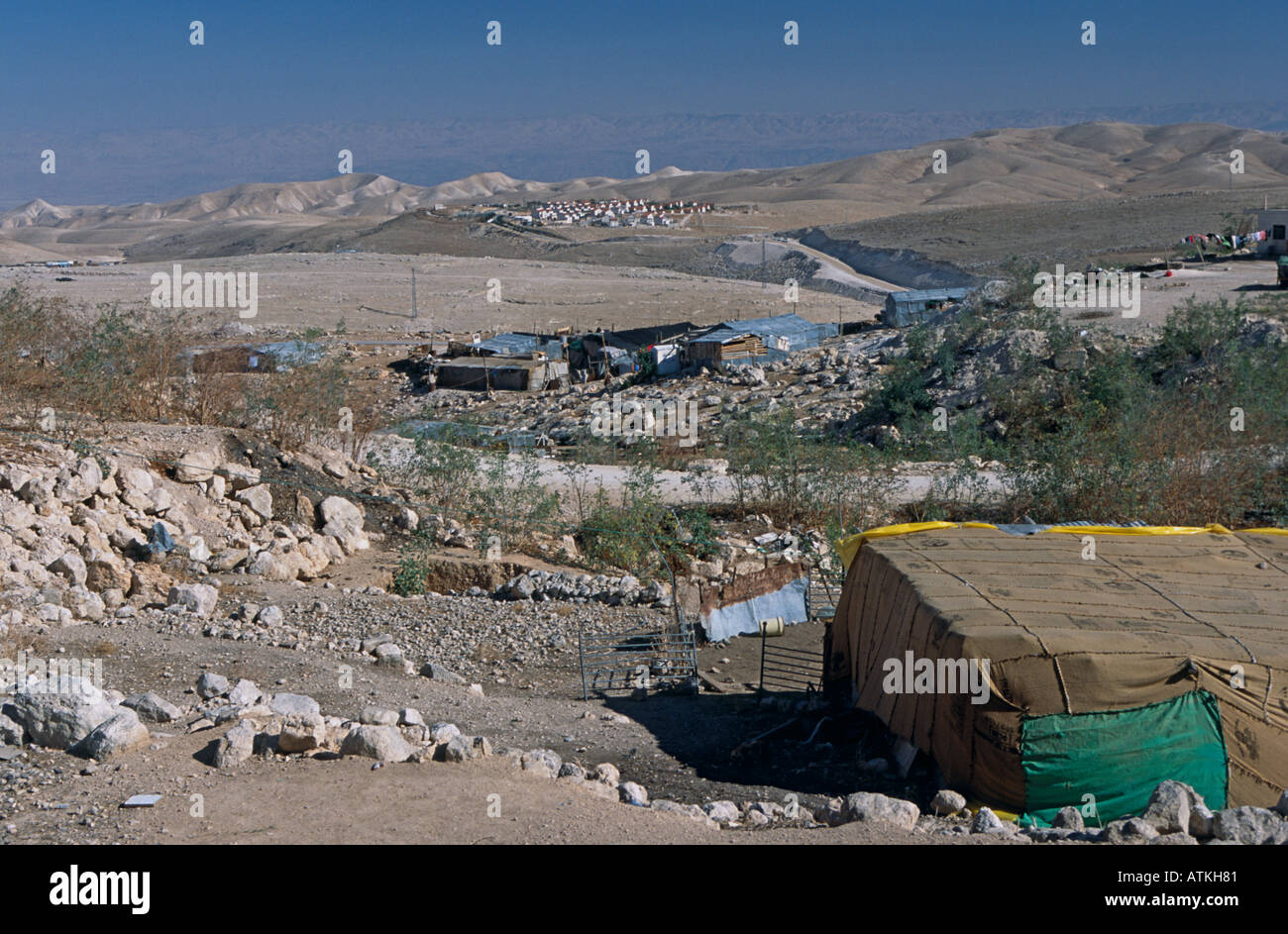 Bedouin settlement with a Jewish settlement in the background Stock ...