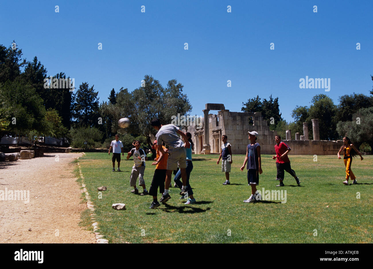 Children playing soccer near destroyed Palestinian village, Galilee ...