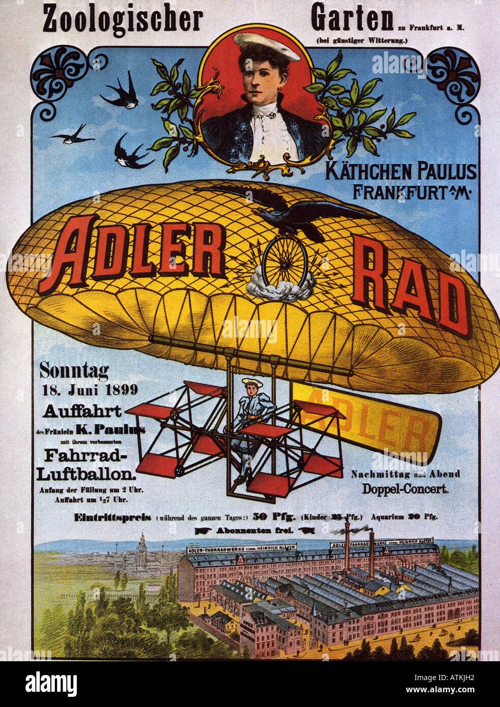 GERMAN poster 1899 advertising ballon flights - see Description below ...
