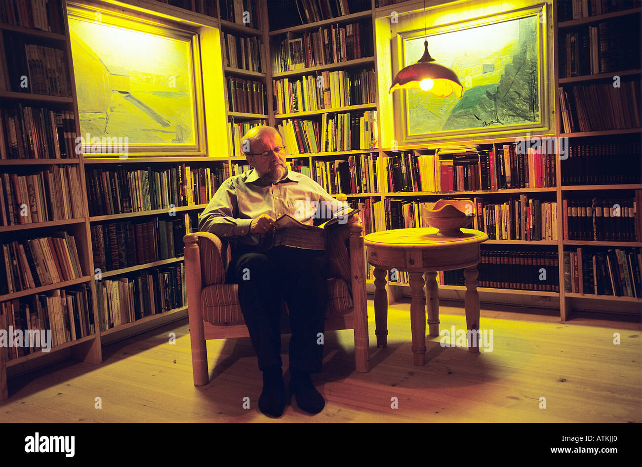 Man sitting reading a book in a library Stock Photo - Alamy
