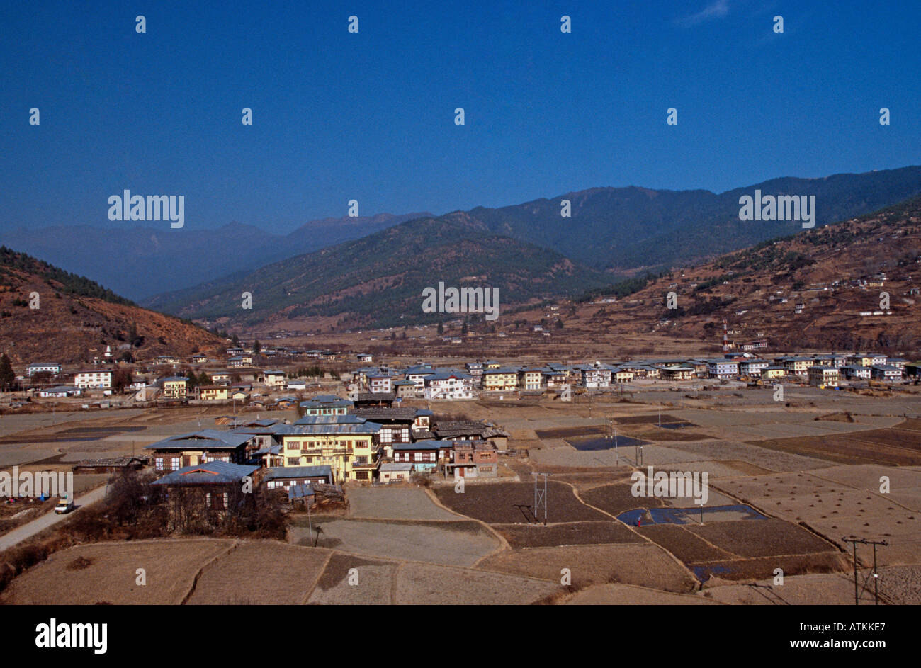 Traditional settlement in rural agricultural valley, Bhutan, South Asia ...