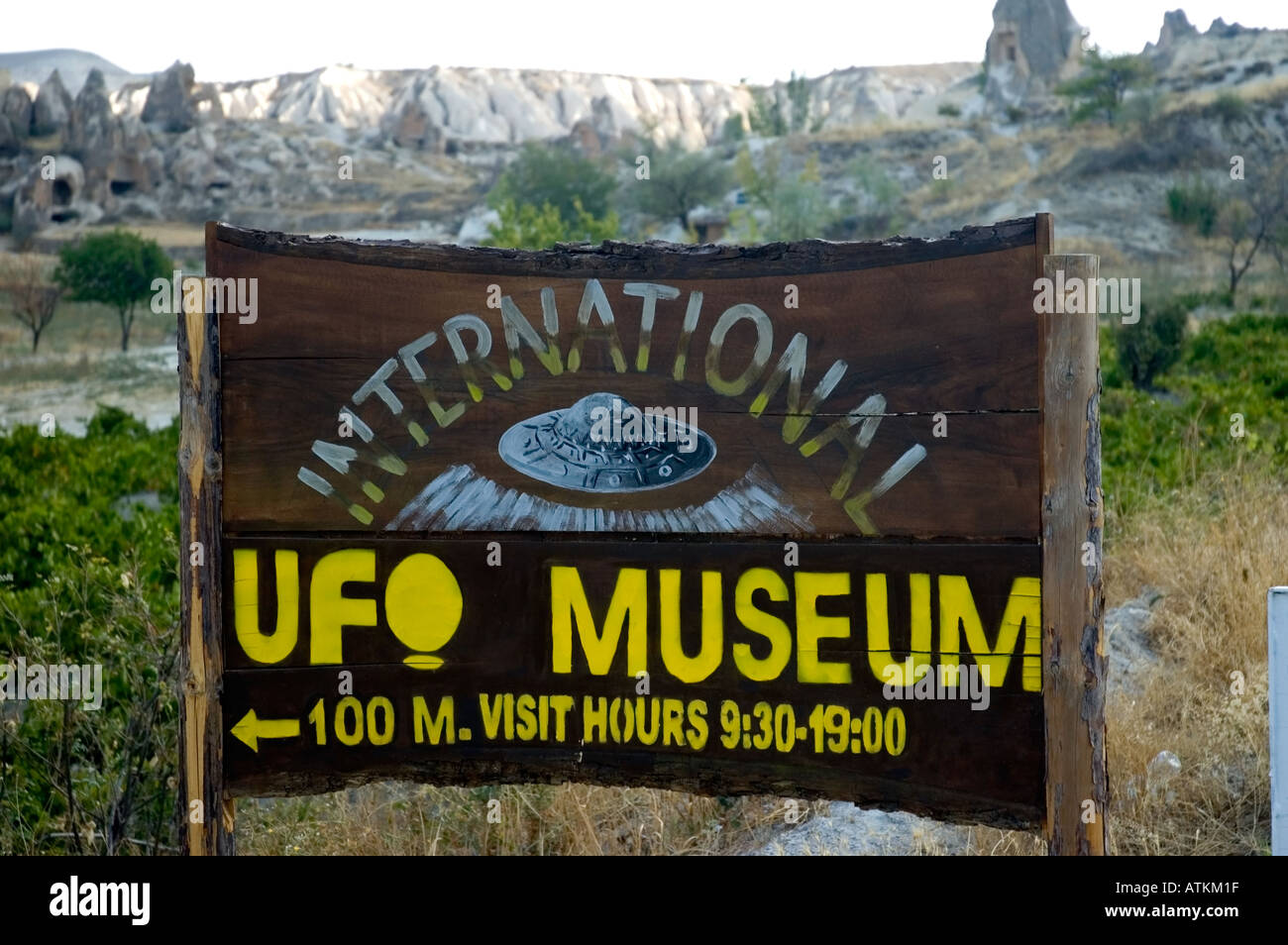 Unusual sign signage for UFO Museum, Goreme, Kapadokya, Cappadocia ...