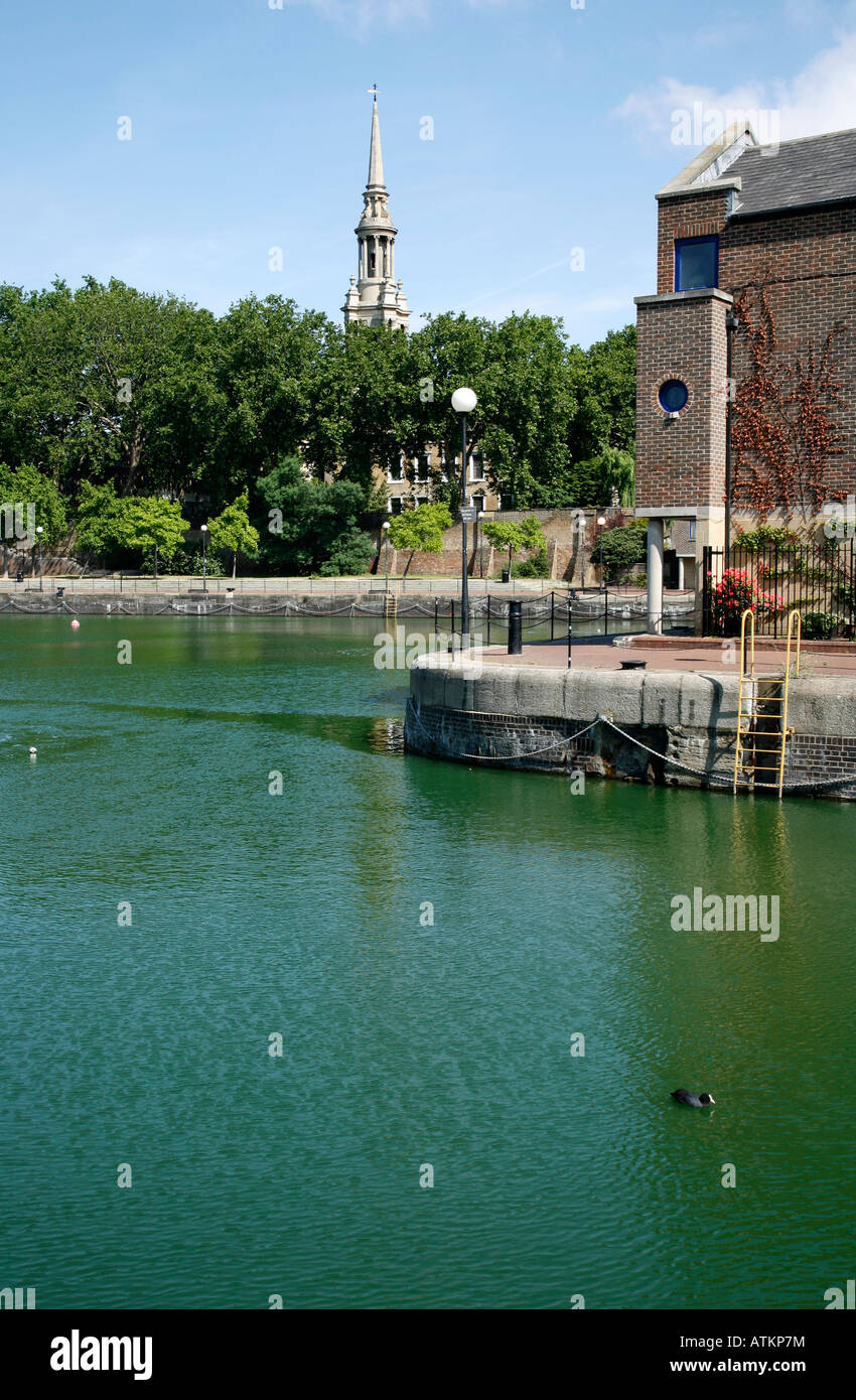 Looking across Shadwell Basin to St Pauls church, Shadwell, London ...