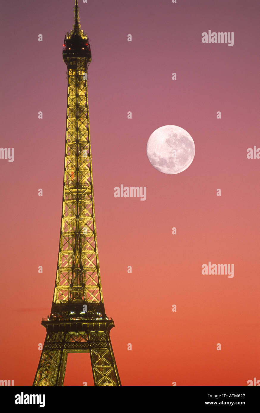 Full moon next to Eiffel Tower at sunset Stock Photo - Alamy
