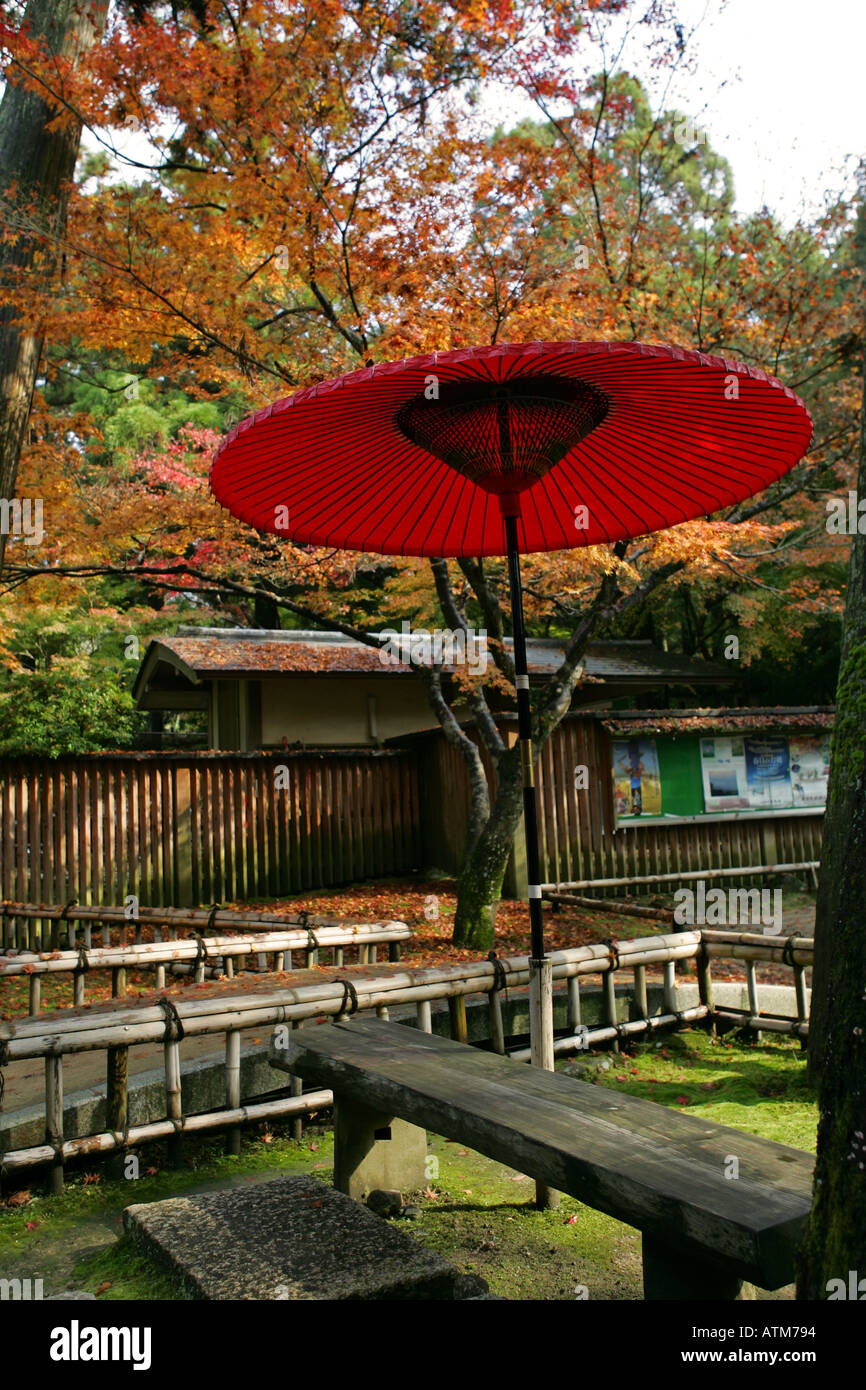 Iconic Japanese red umbrella surrounded by colourful autumn leaves in ...