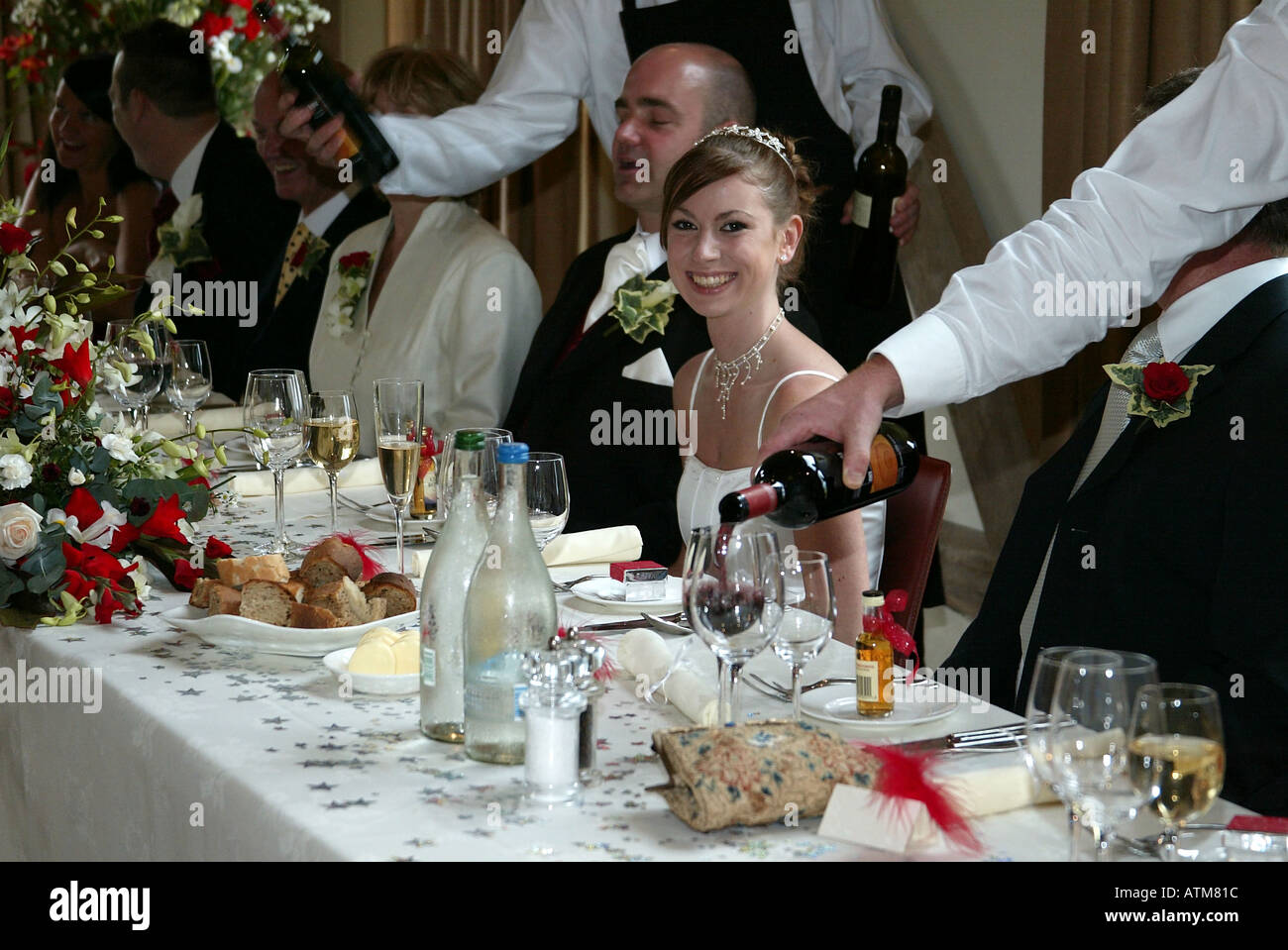 Bride and groom celebrating marriage at their wedding breakfast Stock ...