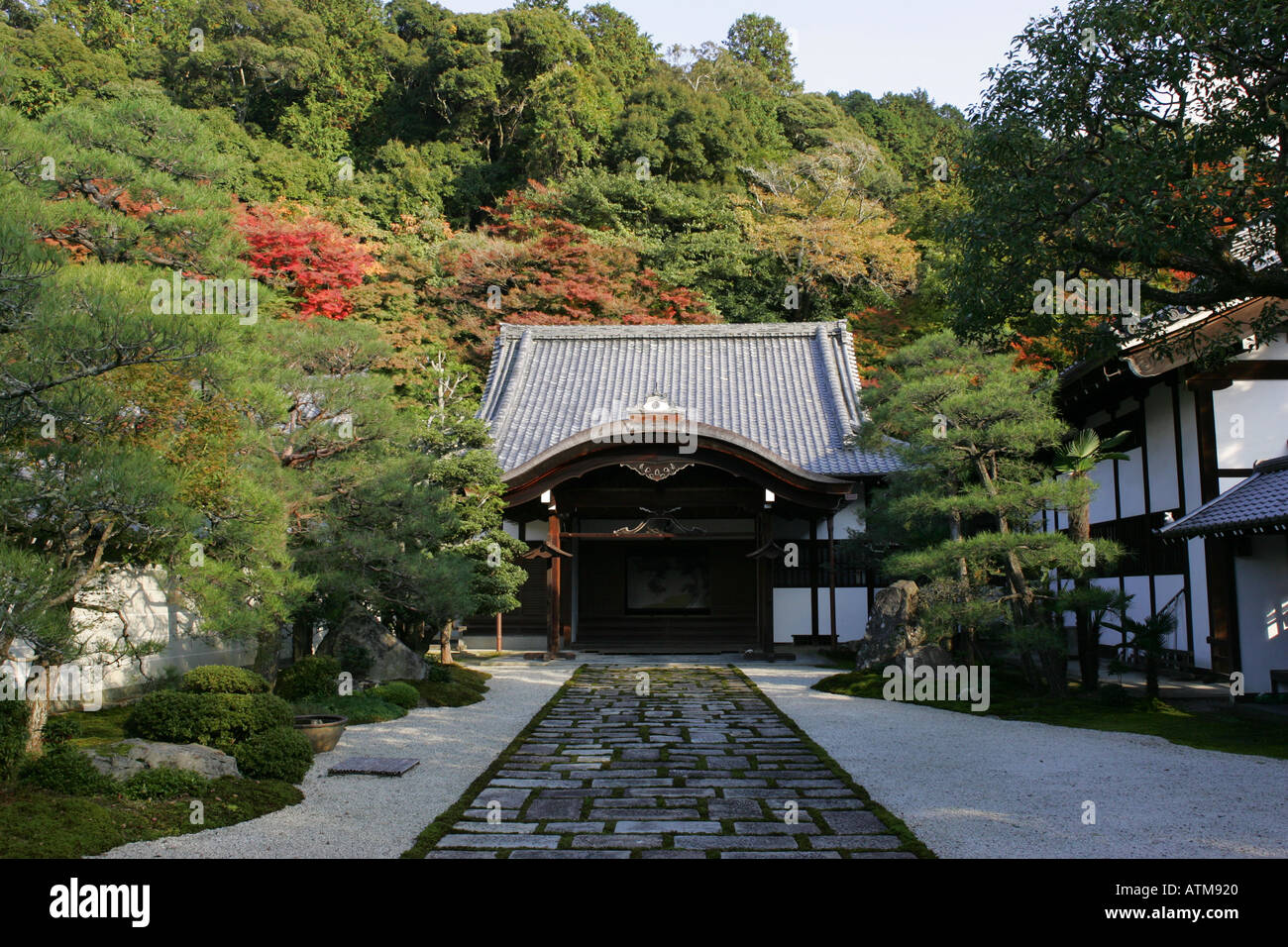 A stone pathway leads up to a temple entrance with autumn fall colours ...