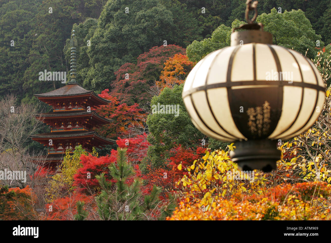 Traditional Japanese pagoda and lantern with autumn fall colours at ...