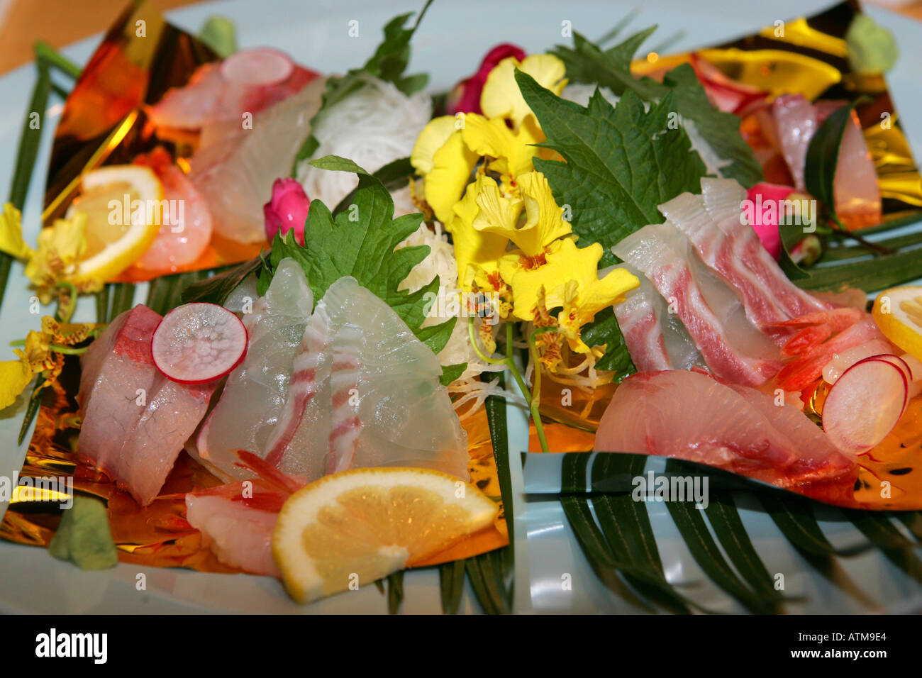 Traditional Japanese food sushi beautifully presented at a restaurant ...