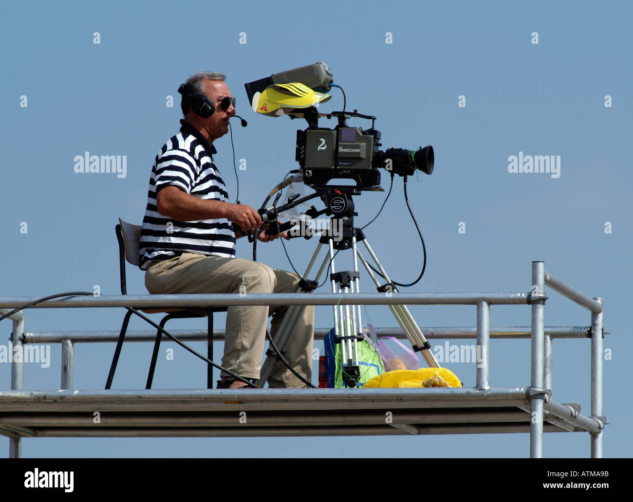 TV Cameraman Filming from a Gantry Stock Photo - Alamy