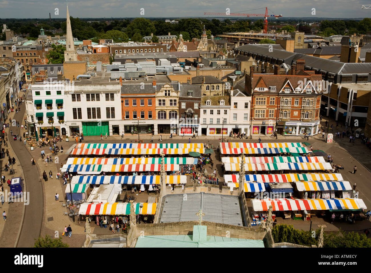 Cambridge market viewed from Great St. Marys tower, England Stock Photo ...