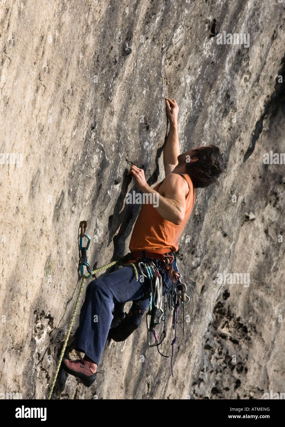 Rock Climber leading a route on Goldstein Elbsandsteingebirge Germany ...