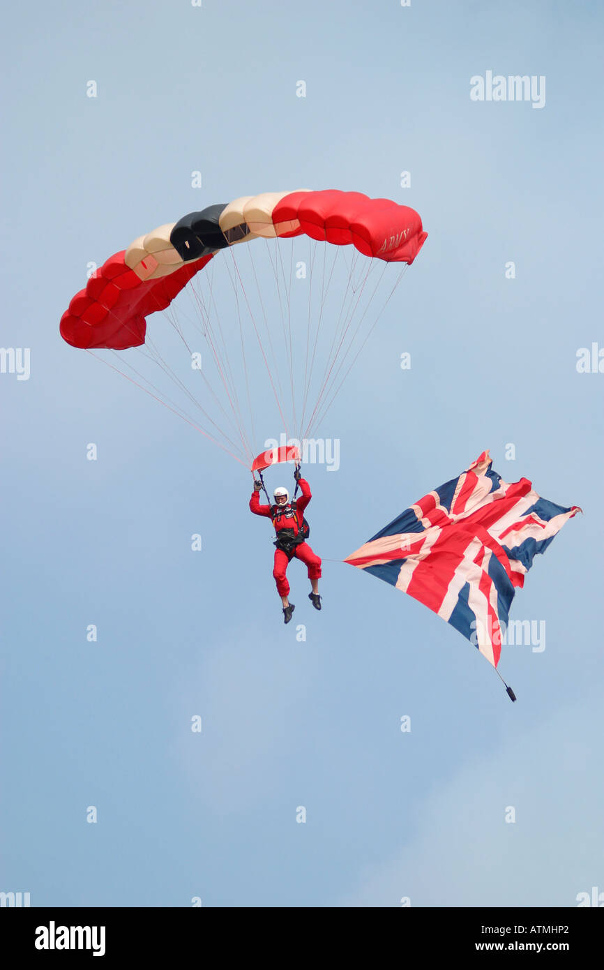 Member Red Devils Parachute Display team on a jump and carrying a Union ...