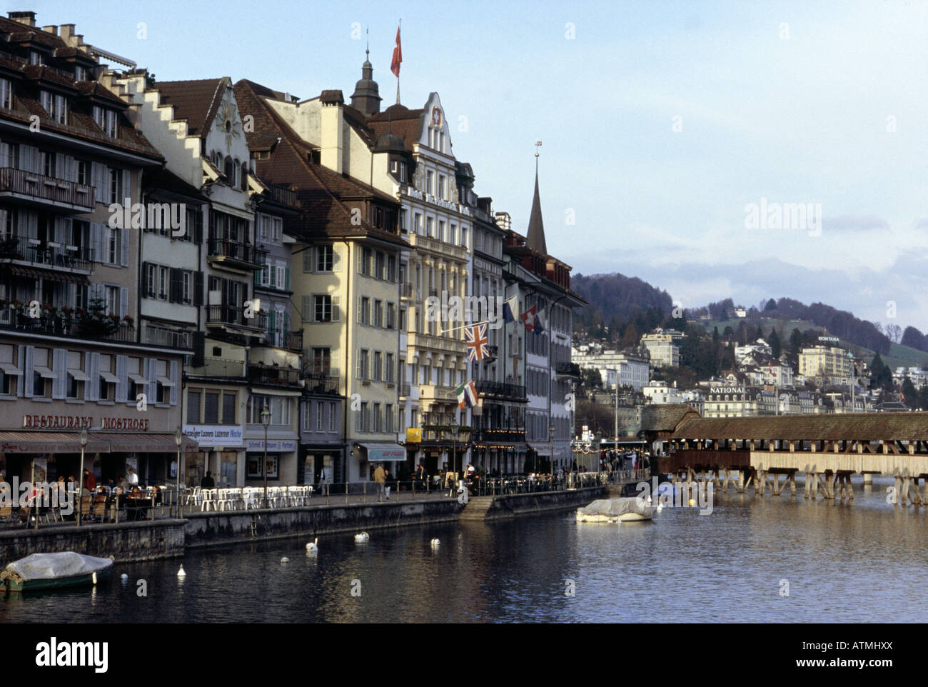 Luzern River Reuss Waterfront historic buildings Cafes terraces Shops ...