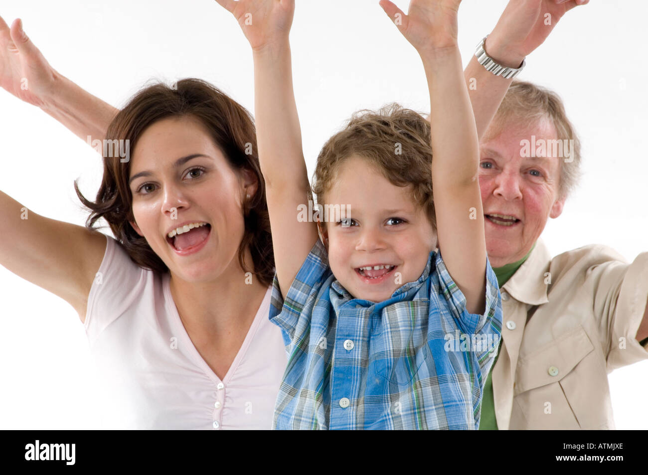 grandmother, mother and son cheering Stock Photo - Alamy