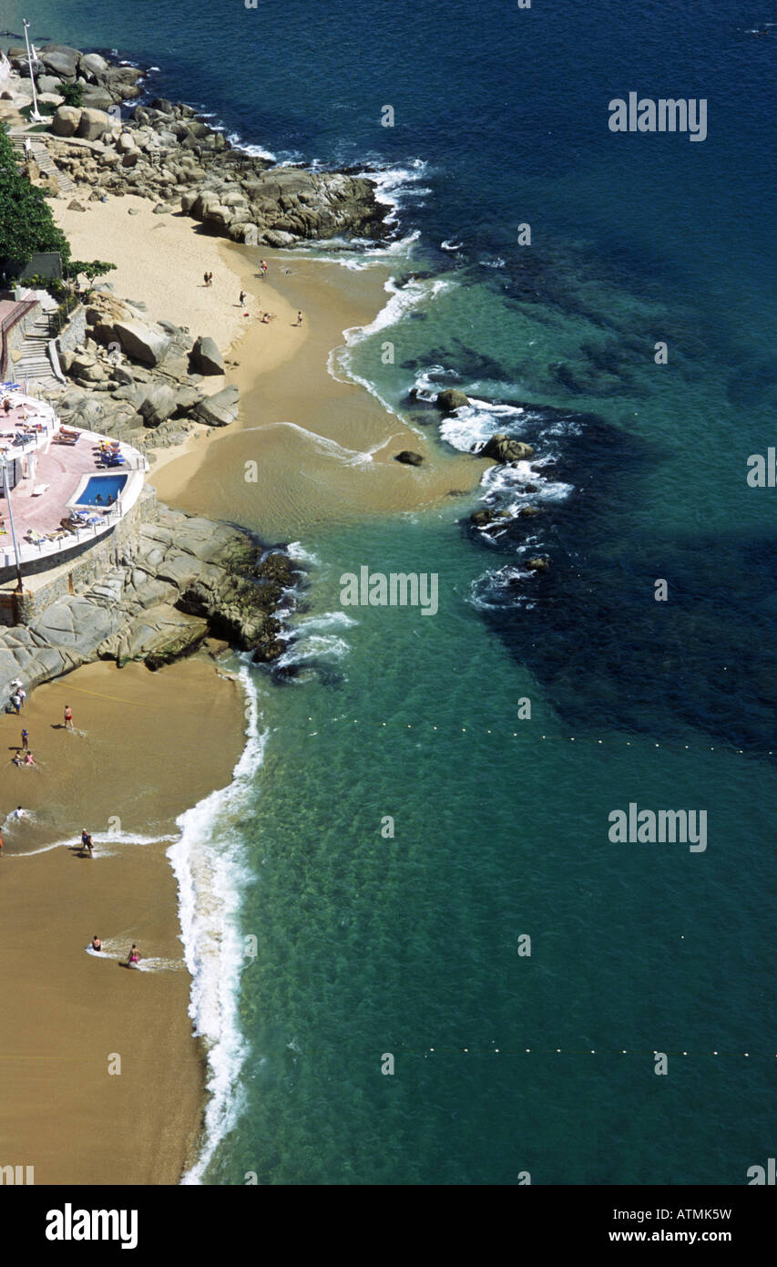 Coast Acapulco bay beach View from above Sea Sand Waves breaking Blue ...