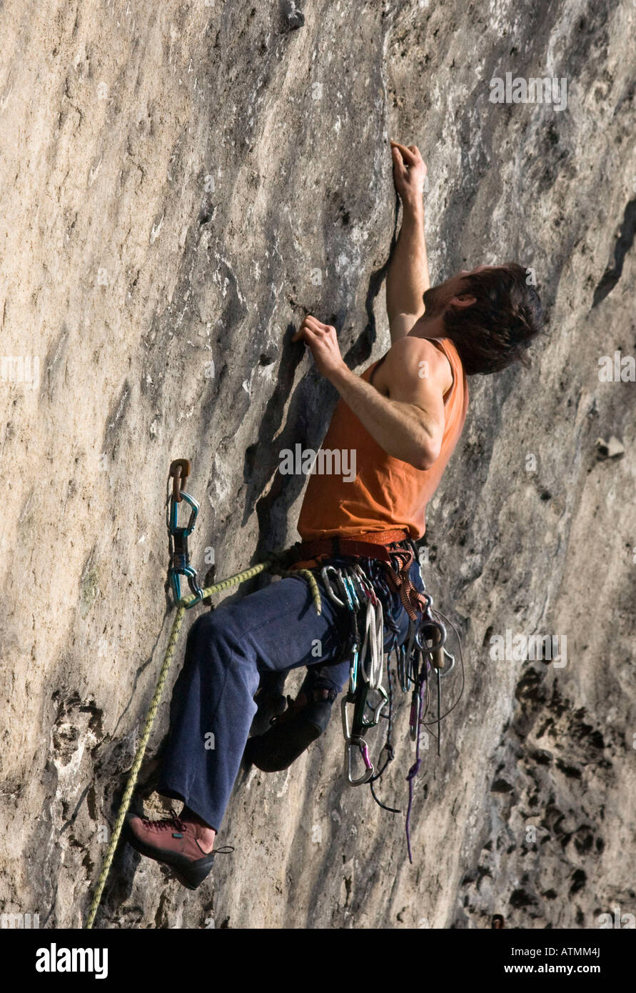 Rock Climber leading a route on Goldstein Elbsandsteingebirge Germany ...