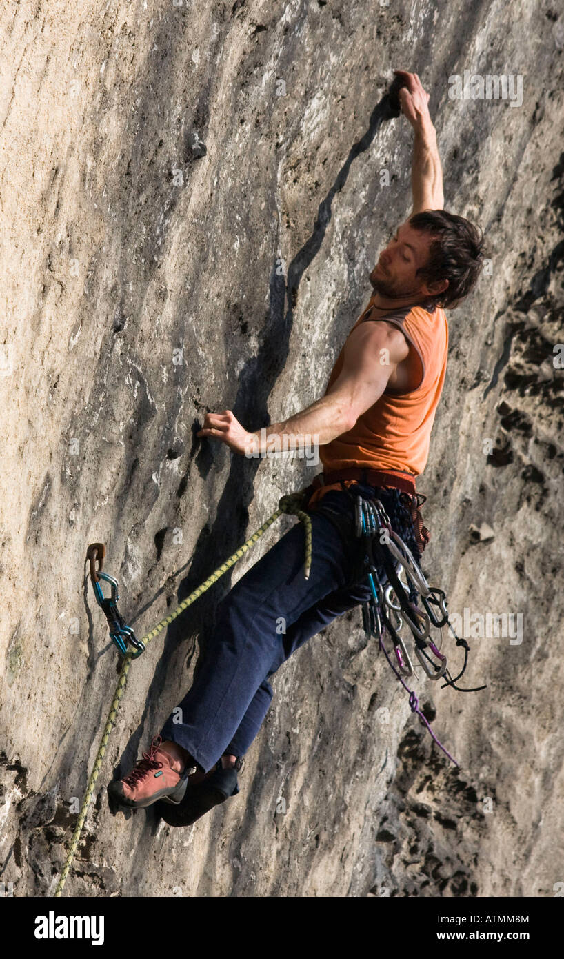 Rock Climber leading a route on Goldstein Elbsandsteingebirge Germany ...
