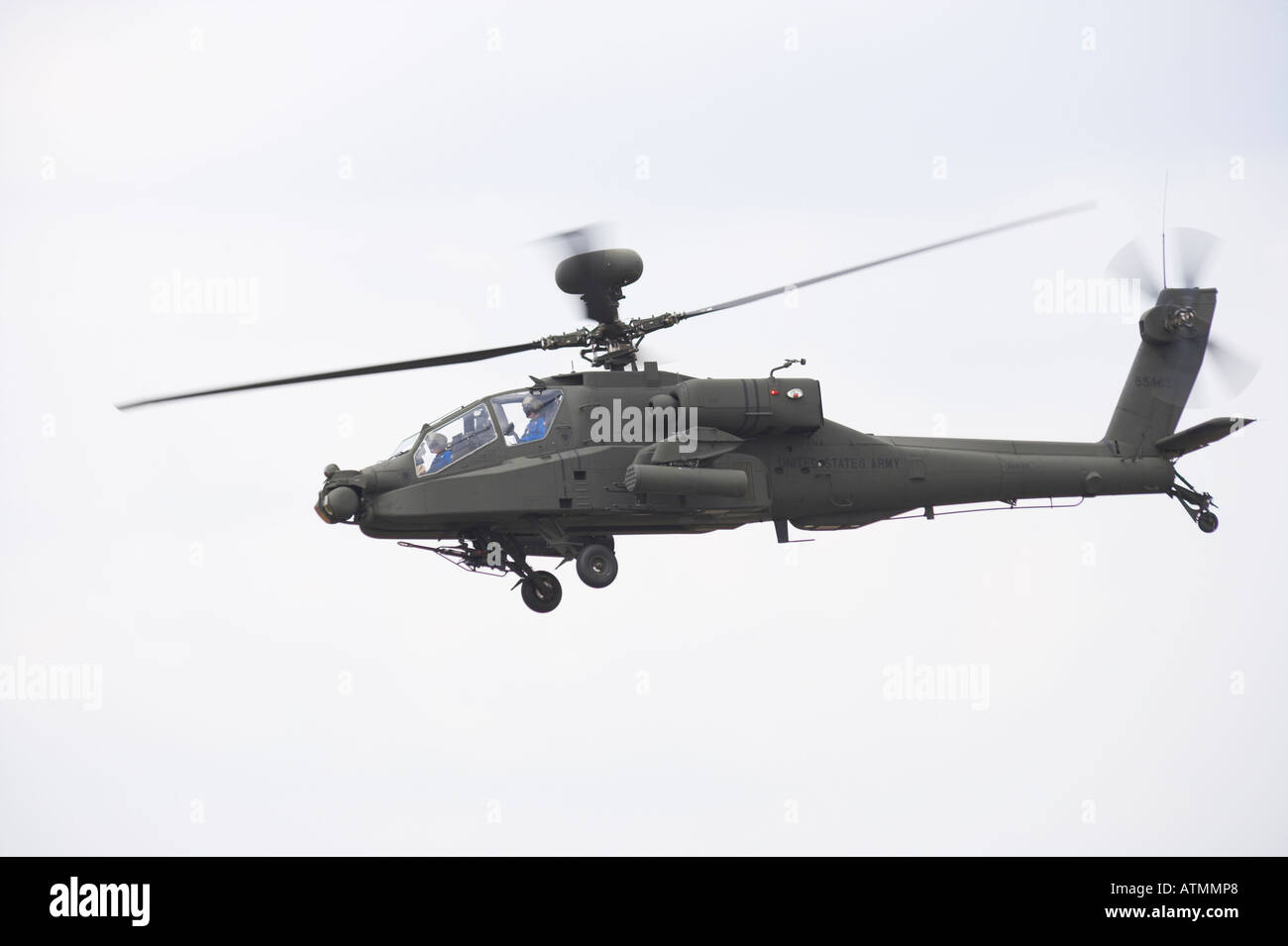 Apache helicopter AH-64D Longbow in flight port broadside Stock Photo ...