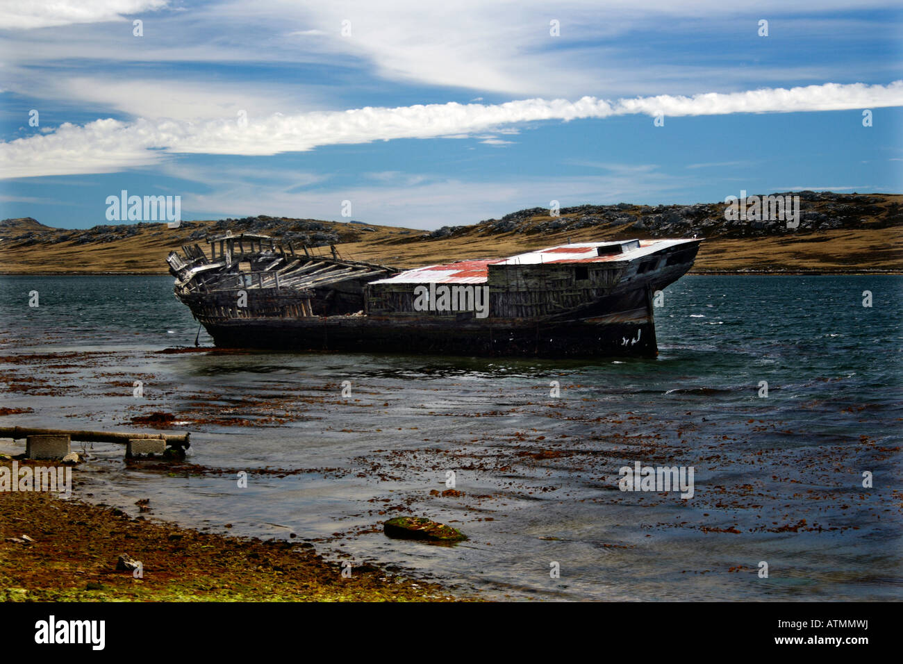 The shipwreck of the Jhelum lies in the water of Stanley Harbour in ...