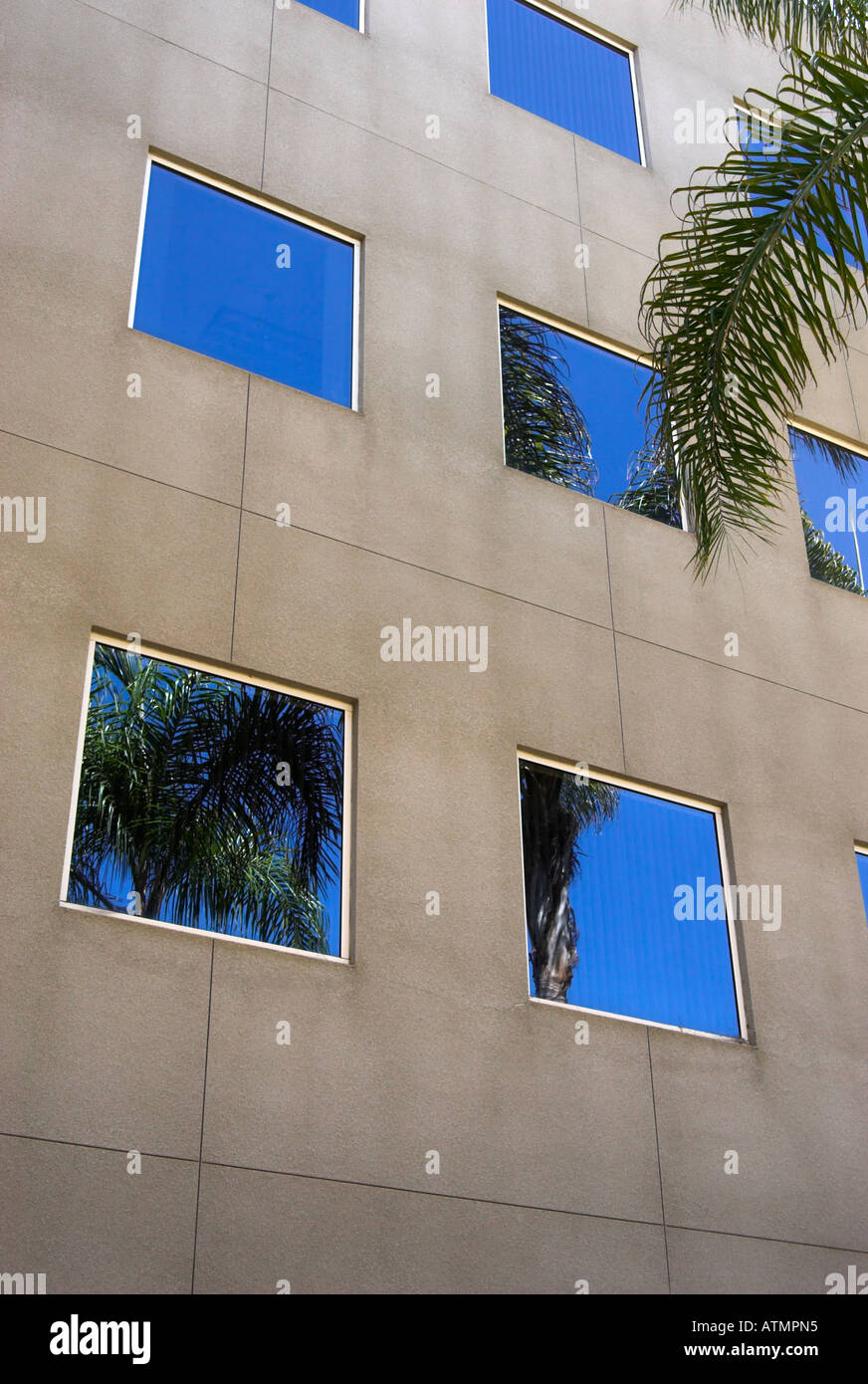 Blue sky reflected in windows, University of California, Irvine campus ...