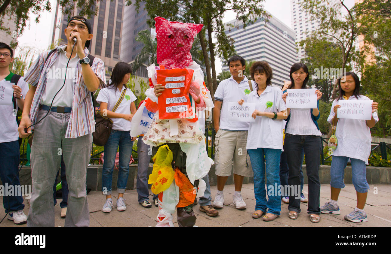 HONG KONG CHINA Plastic Bag Man and students during environmental ...