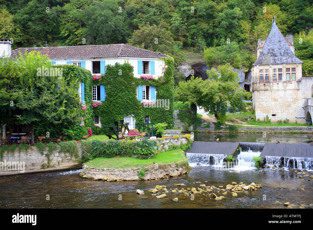 View from Pont Coud over the River Dronne, Brantome, Dordogne, France ...