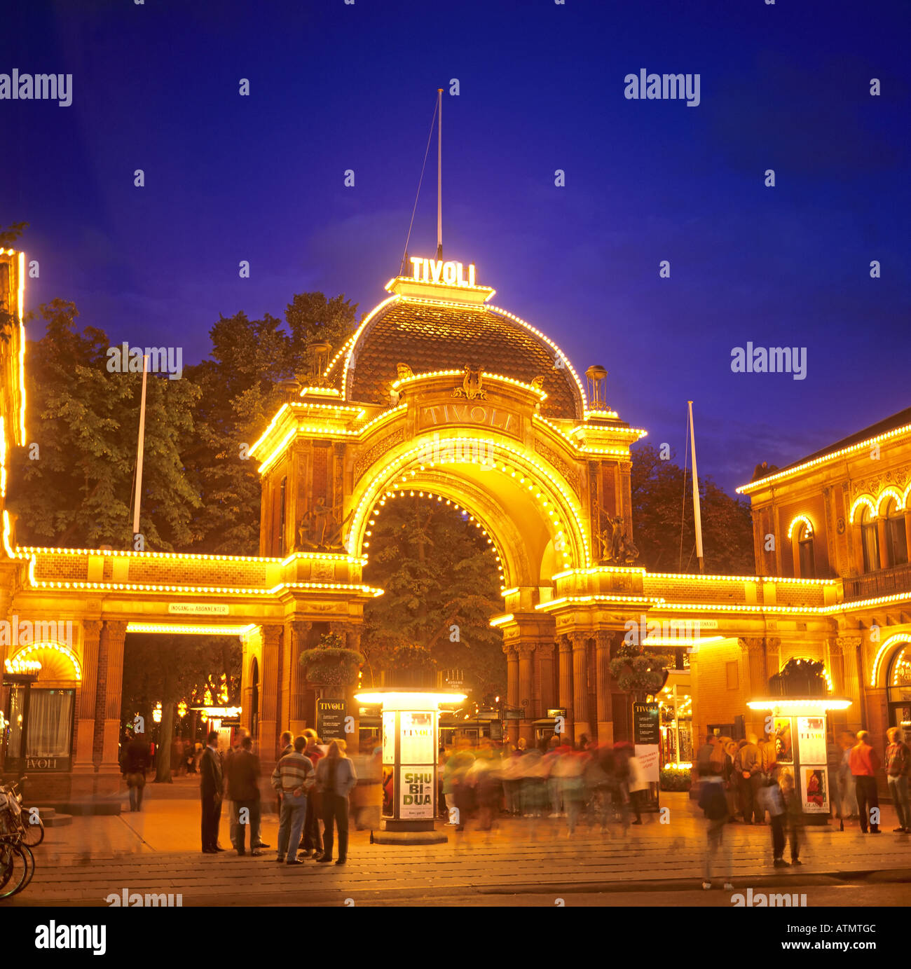 Tivoli gardens, amusement park main entrance at night, Copenhagen ...