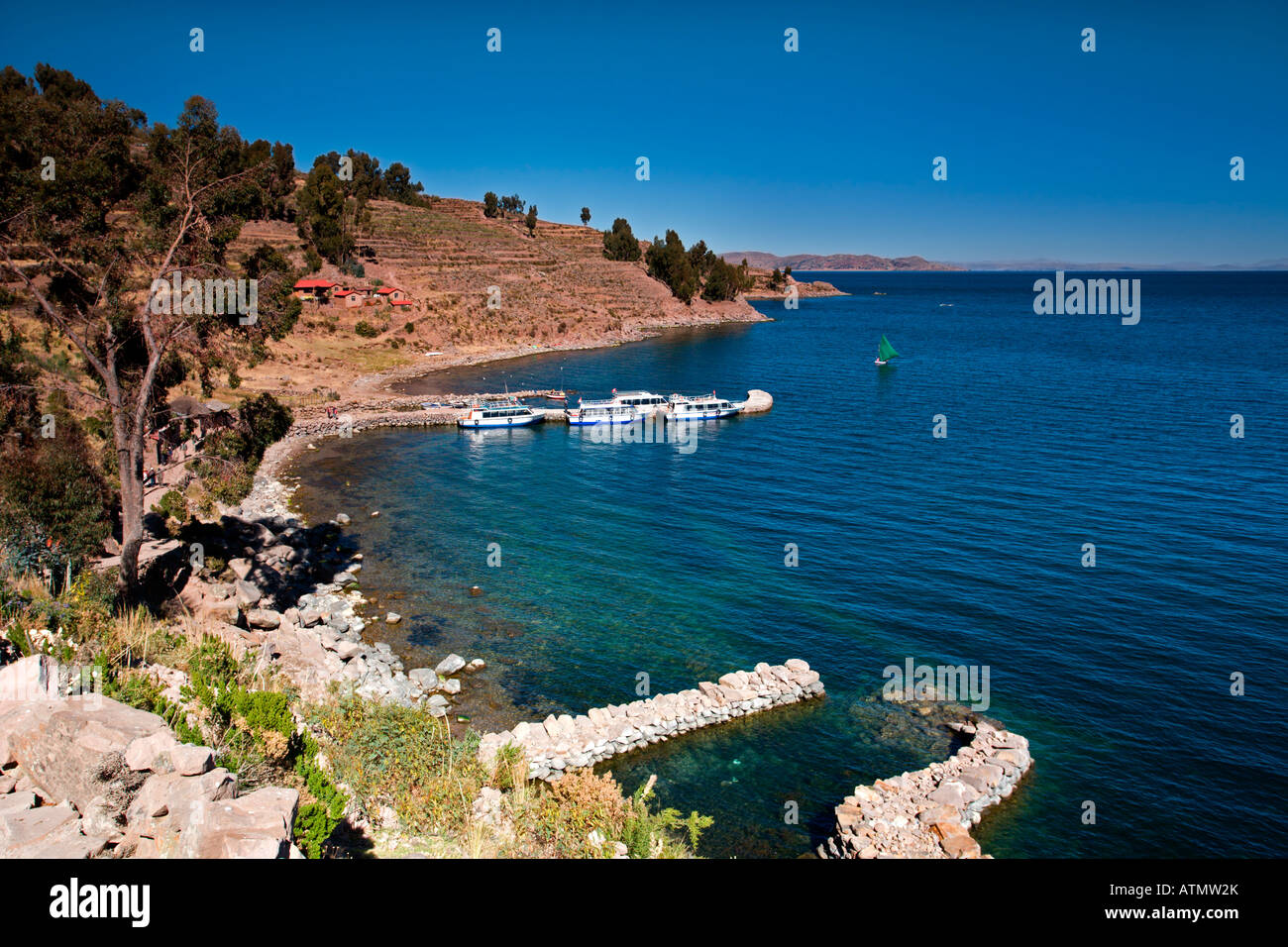 Lake Titicaca: Isla Taquile: Lakeview with Port Stock Photo - Alamy