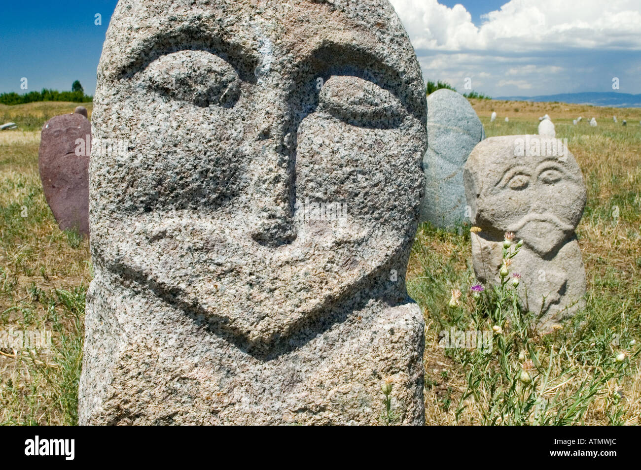 historic grave stone balbal in Balasagun silk road Kyrgyzstan Stock ...