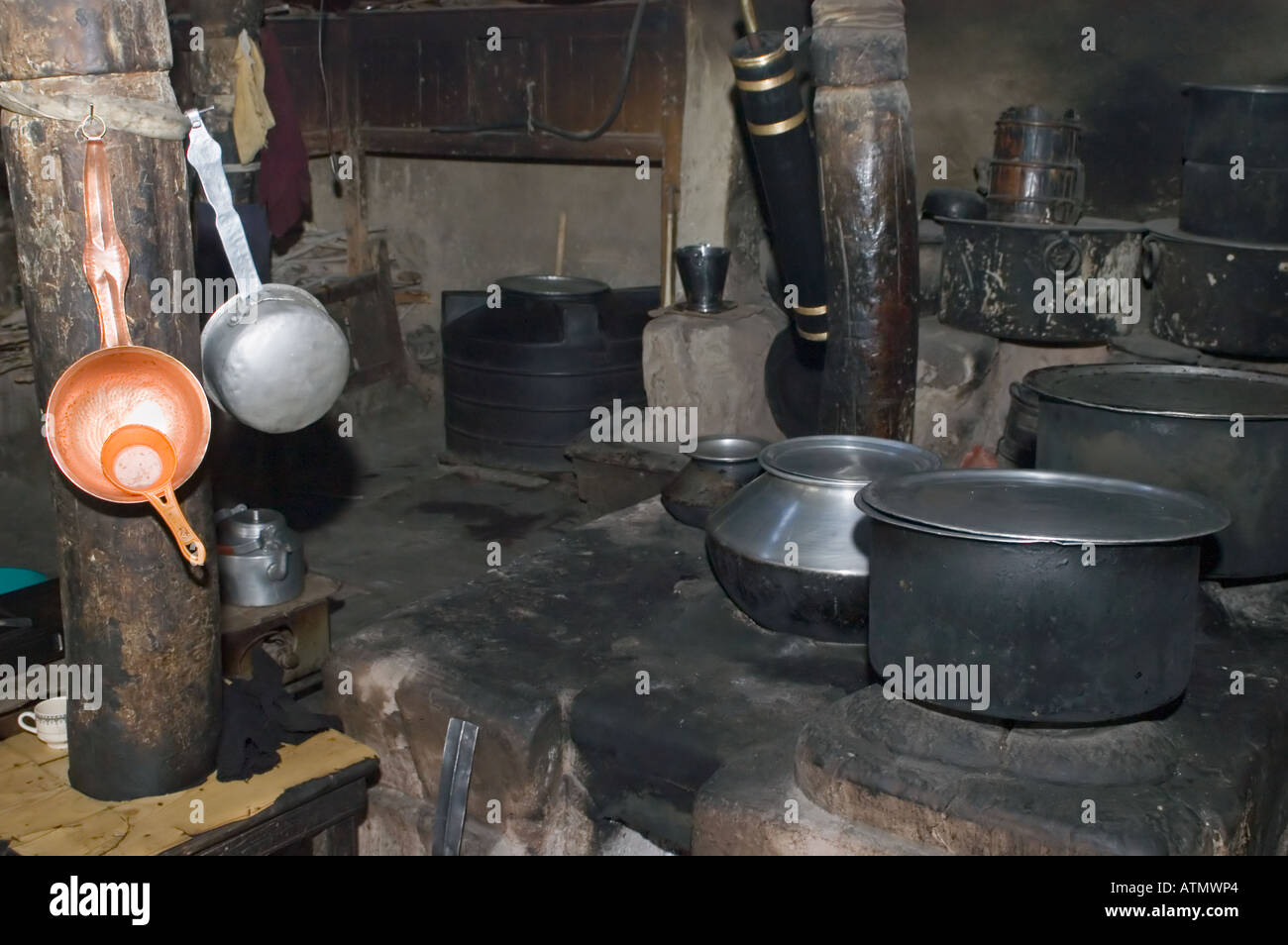 old historic kitchen in the buddhist monastery of Rizong Ladakh Jammu ...