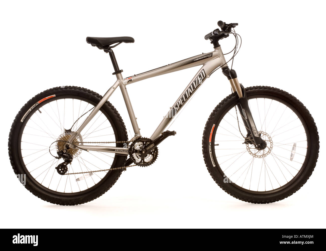 Side view of a new mountain bike with silver-coloured frame seen ...