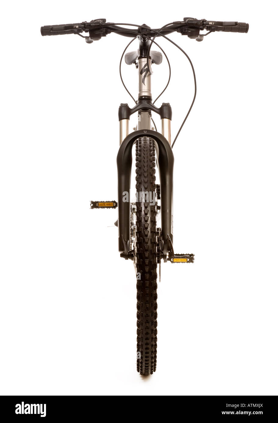 Front view of a mountain bike seen against a white background Stock ...