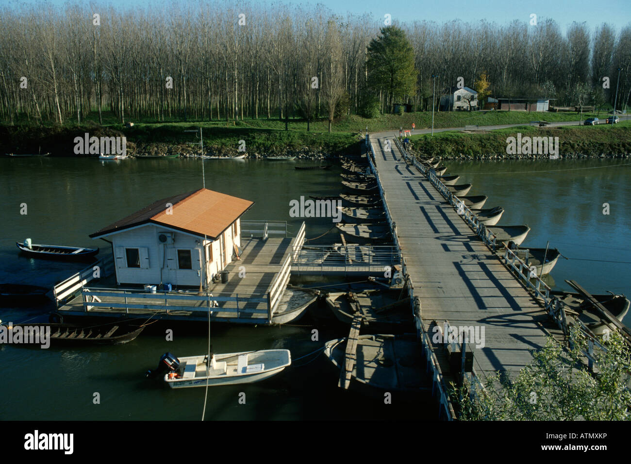 Lombardy Italy Traditional wooden floating bridge crossing the Oglio ...