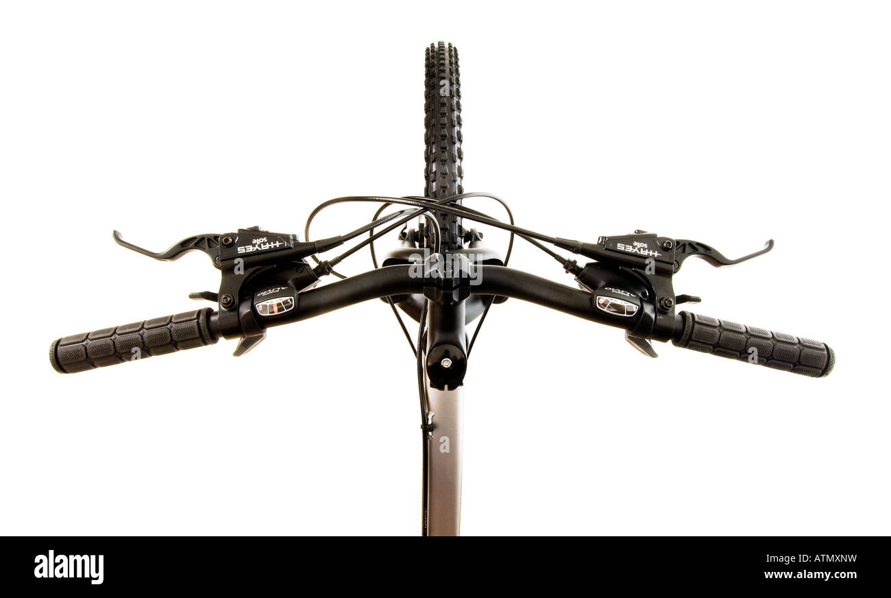 View from riding position looking down at black coloured mountain bike ...