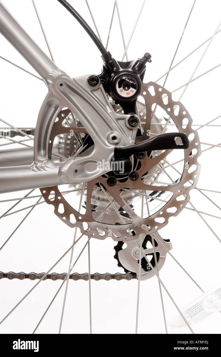 Closeup of the disk brake and derailleur on the rear wheel of a new ...