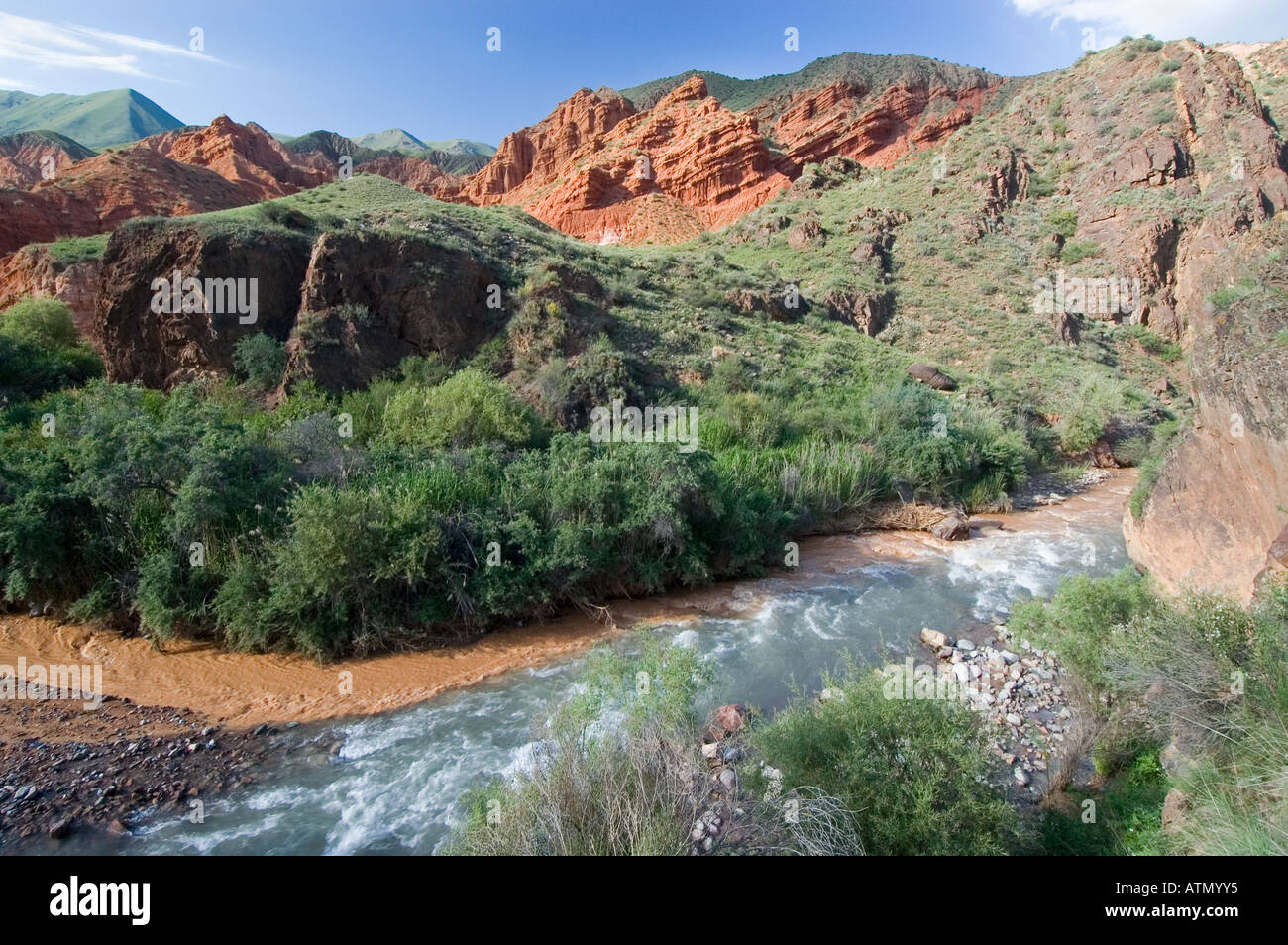 twocolored river at Konorchek Canyon Tian Shan Kyrgyzstan Stock Photo ...