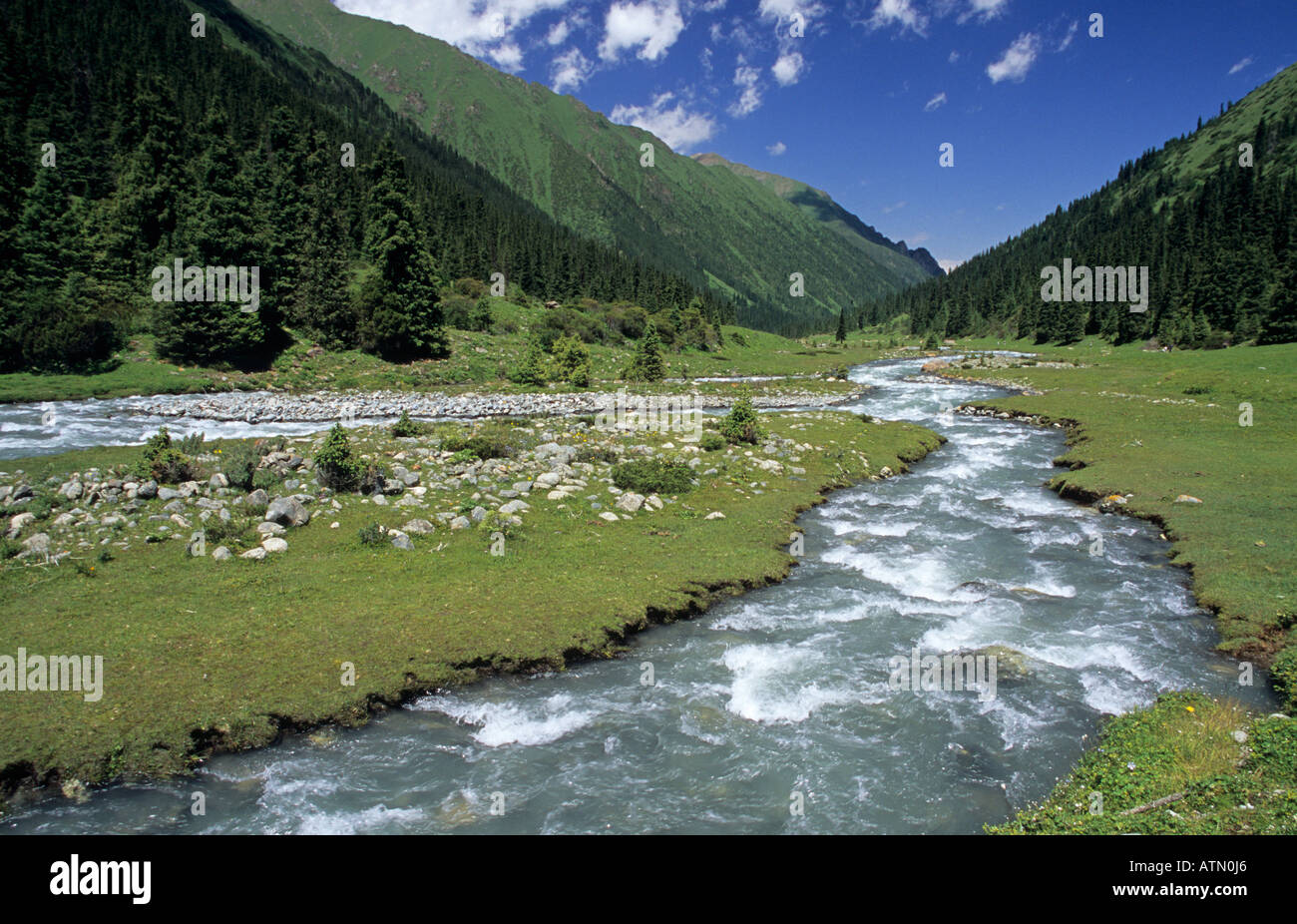 Altyn Arashan valley with Arashan river Terskey Alatau Mountains Tian ...