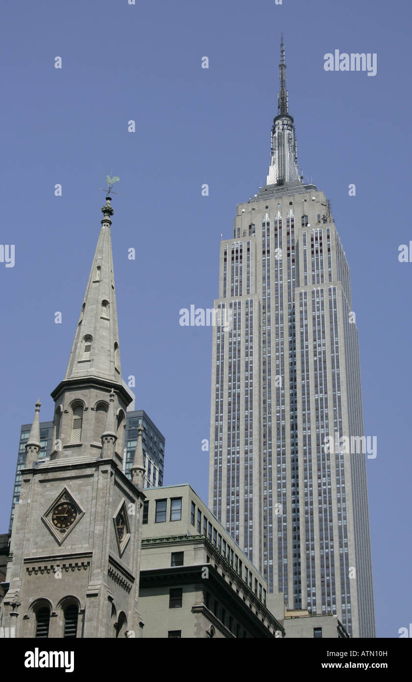 Looking up at the spire of the Marble Collegiate Protestant Church and ...